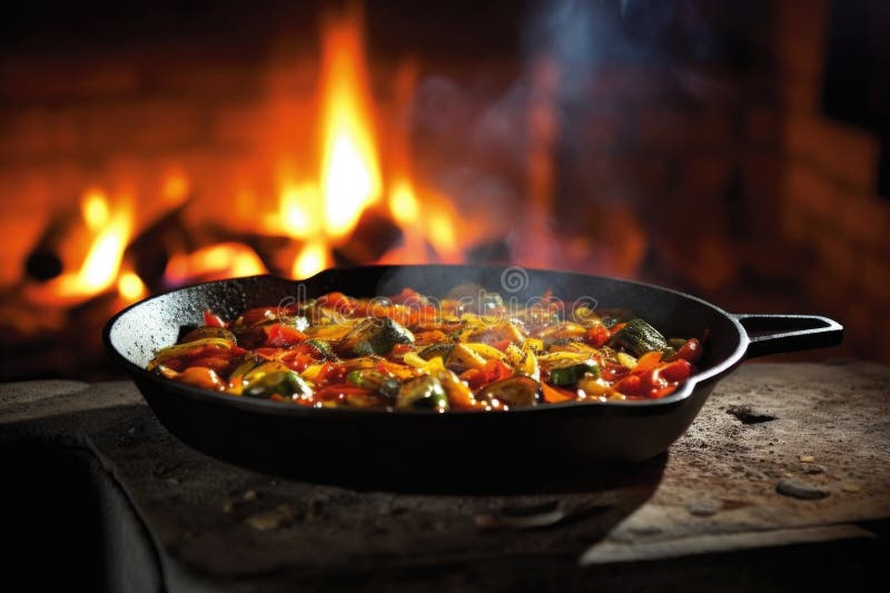 Skillet with Ratatouille Cooking Over Open Flame Stock Illustration ...