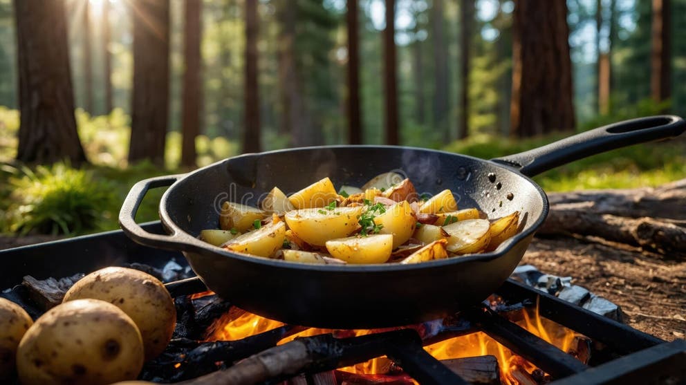 A Skillet of Roasted Potatoes Cooking Over an Open Fire in a Forest ...