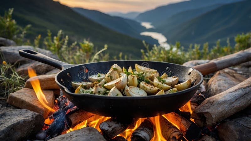 A Skillet of Roasted Potatoes Cooking Over an Open Fire with a Scenic ...