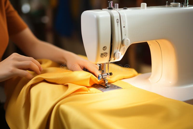 Skillful Female Hands Work on a Modern Sewing Machine, Stitching Yellow ...