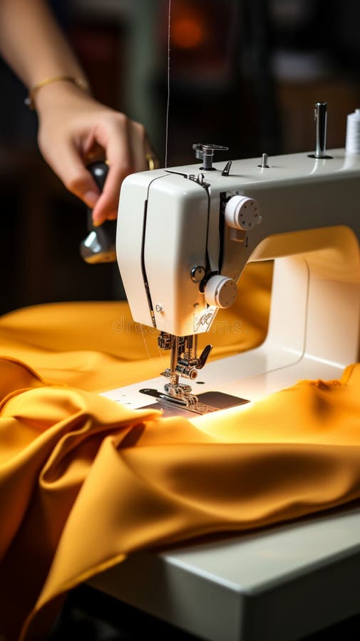 Skillful Female Hands Work on a Modern Sewing Machine, Stitching Yellow ...