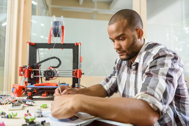 Skillful Male Engineer Making Noted about 3d Printer Stock Photo ...