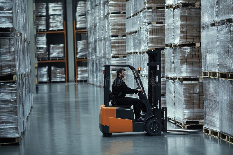 Skillful Operator Maneuvers Forklift through Warehouse Stacked with ...