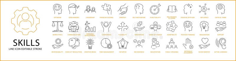 Skills Icons Set in Line Style. Stock Vector - Illustration of thinking ...