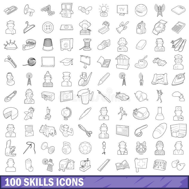 100 Skills Icons Set, Outline Style Stock Vector - Illustration of ...