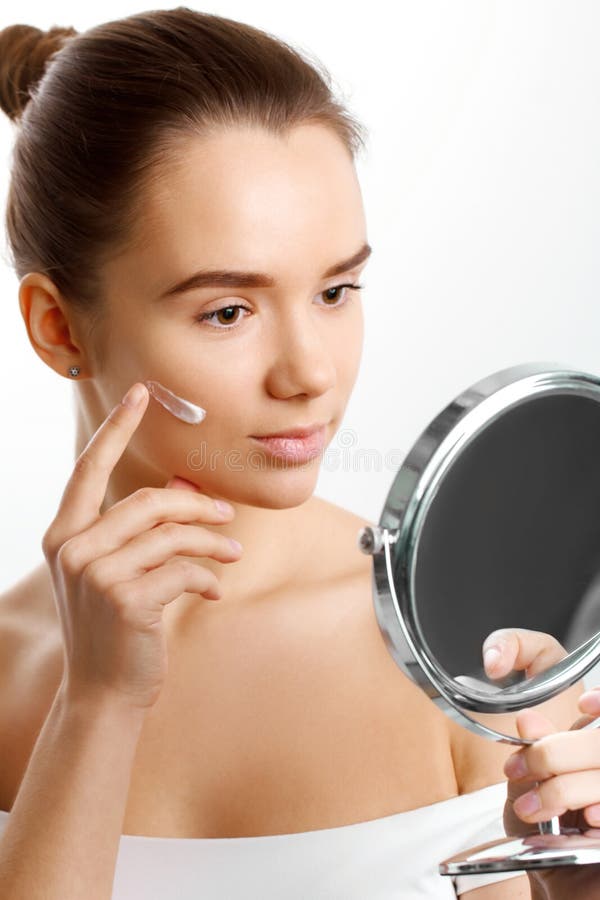 Skin Care Beautiful Woman Putting Face Cream She Is Applying