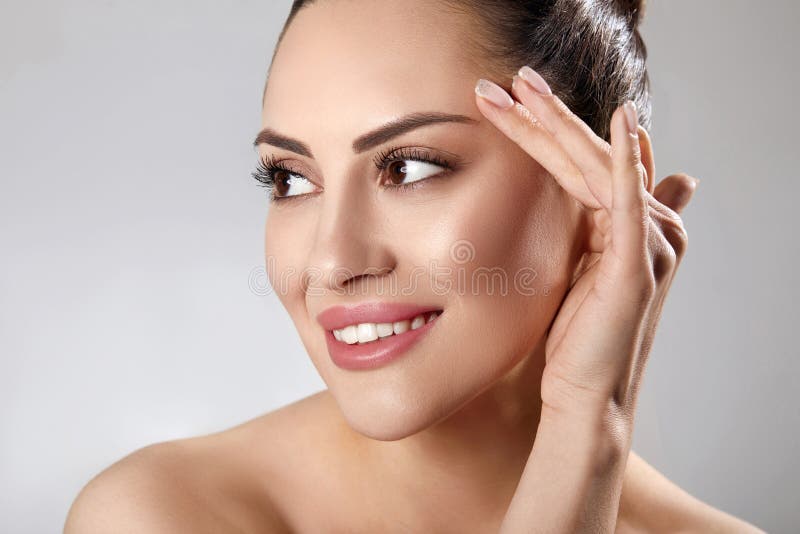 Skin Care Woman With Beauty Face Touching Healthy Facial Skin Portrait