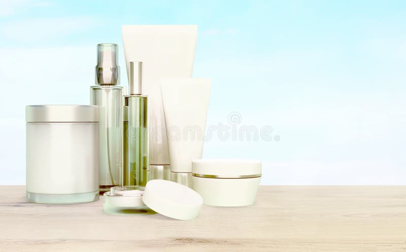 Skin Care on a Wooden Table on a Background of Blue Sky. Stock Photo ...