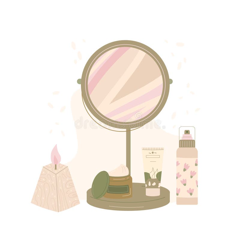 Skincare Cosmetics daily Routine Products Set. Mirror and Cleansing and ...