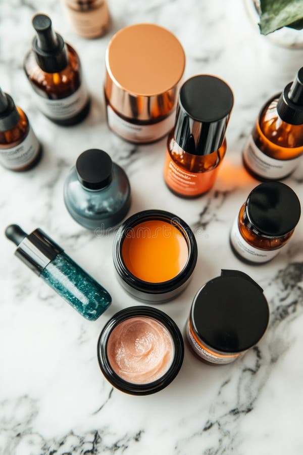 Skincare Products of Different Shapes and Sizes are Neatly Arranged on ...