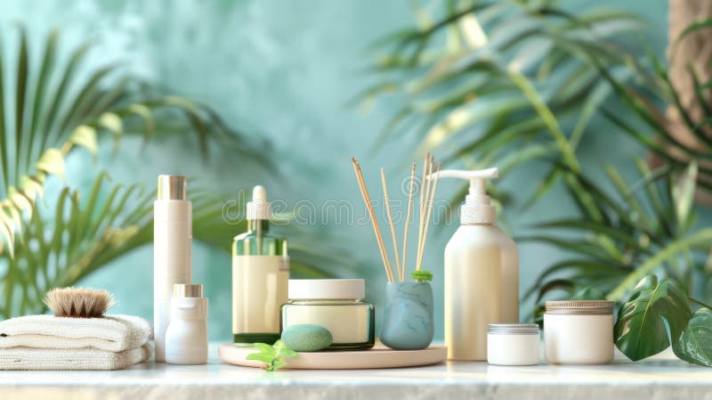 Skincare Products on a Surface with Tropical Plants Background Stock ...