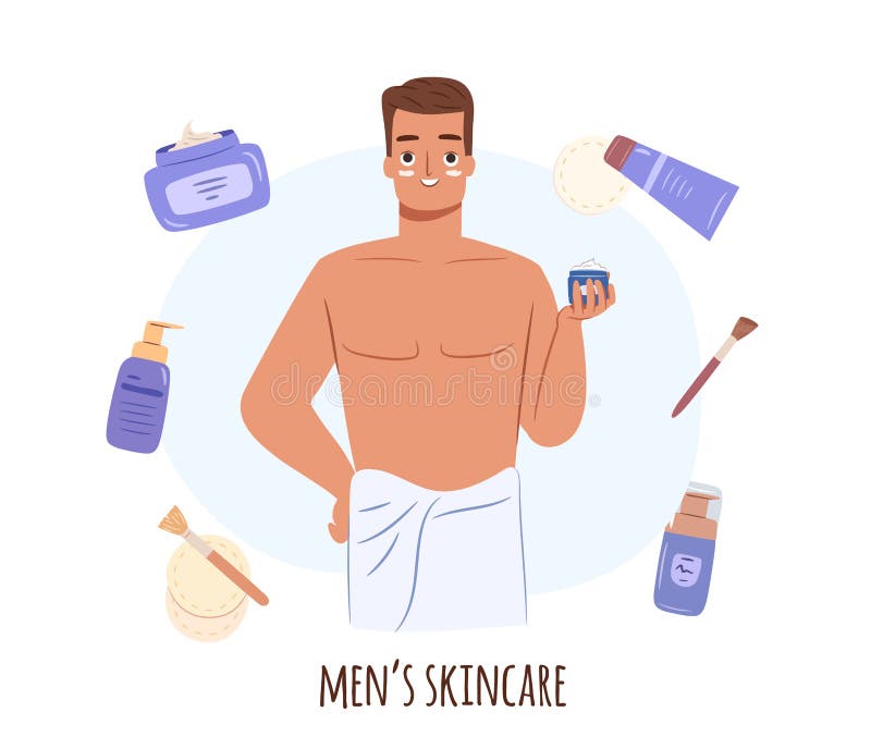 Men Skincare Routine Concept Happy Young Guy In Towel Holding A
