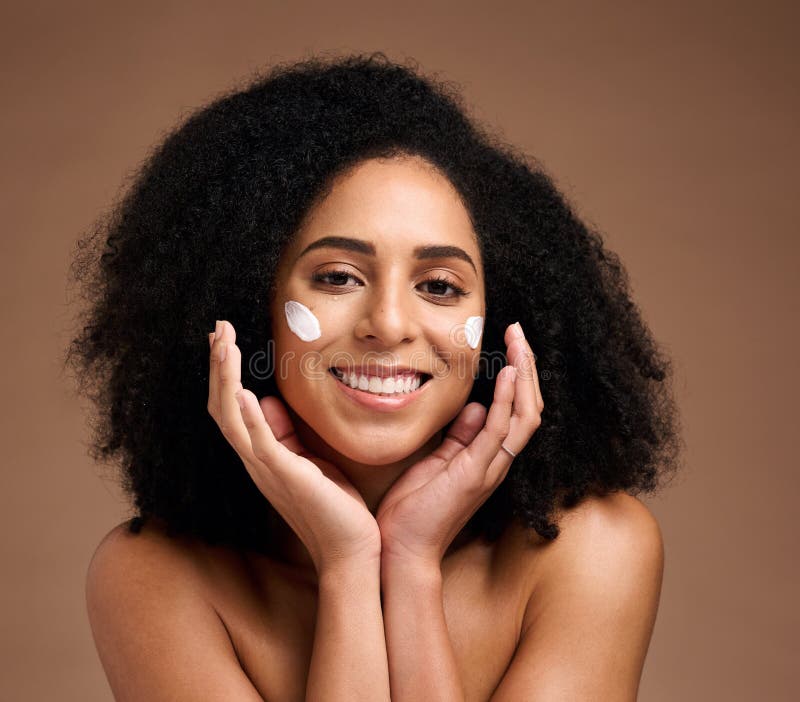 Skincare Sunscreen And Black Woman In Portrait For Facial Beauty And