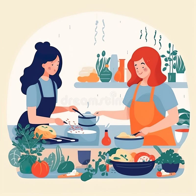 Skinned Friends Cook Food, Flat Illustration Generative AI Stock ...