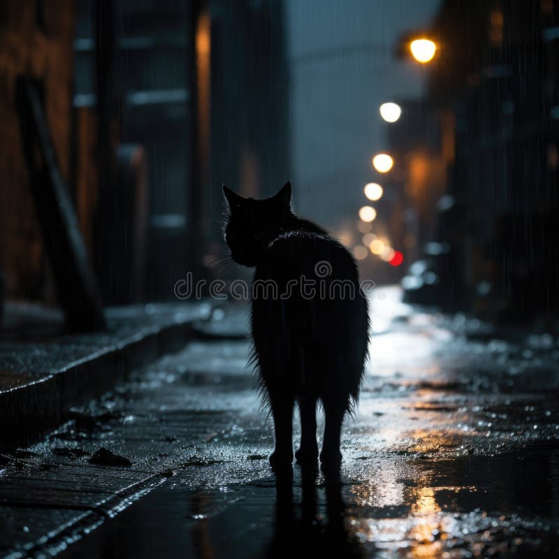 A Skinny Black Cat Walking Away in a Dark Stock Illustration ...