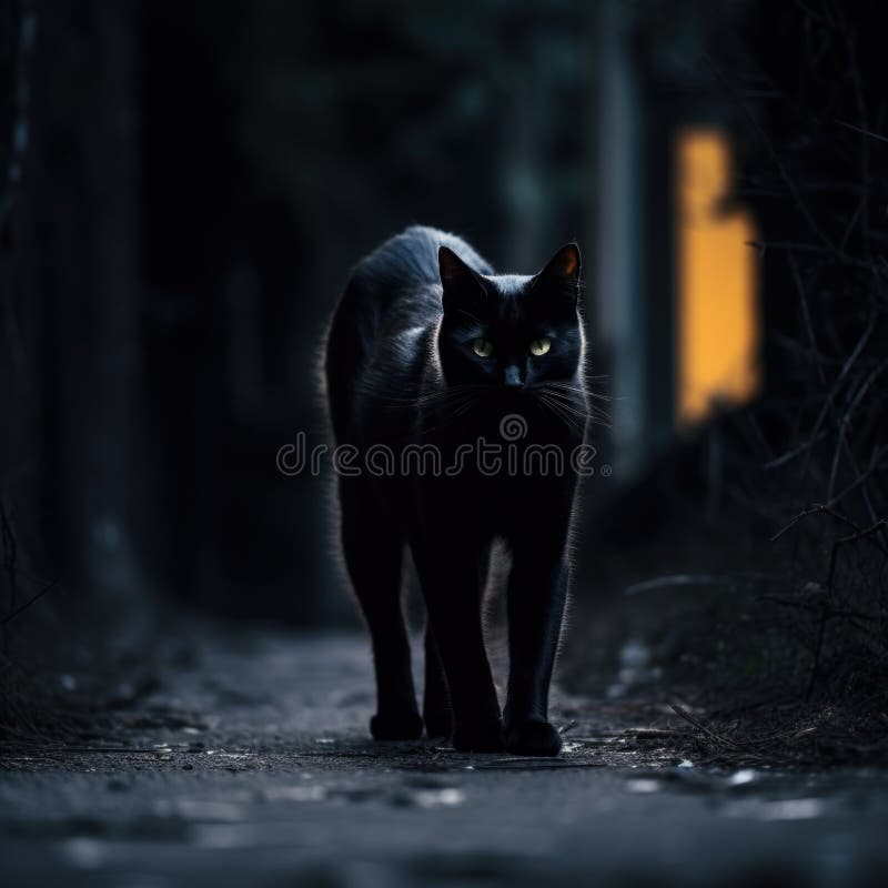 A Skinny Black Cat Walking Away in a Dark Stock Illustration ...