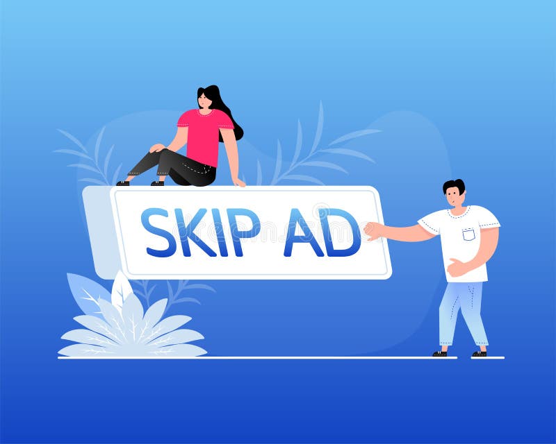Skip Ad Flat Button on Blue Background. Flat People. Flat 3D Button ...