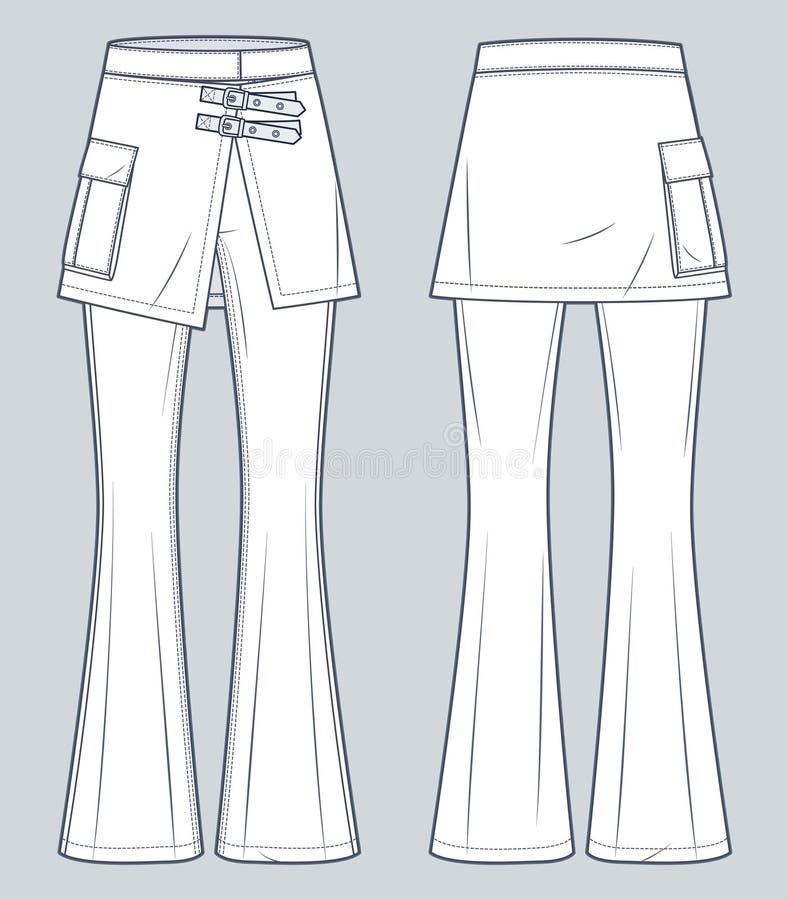 Skirt Over Pants Fashion Flat Technical Drawing Template Flared Pants