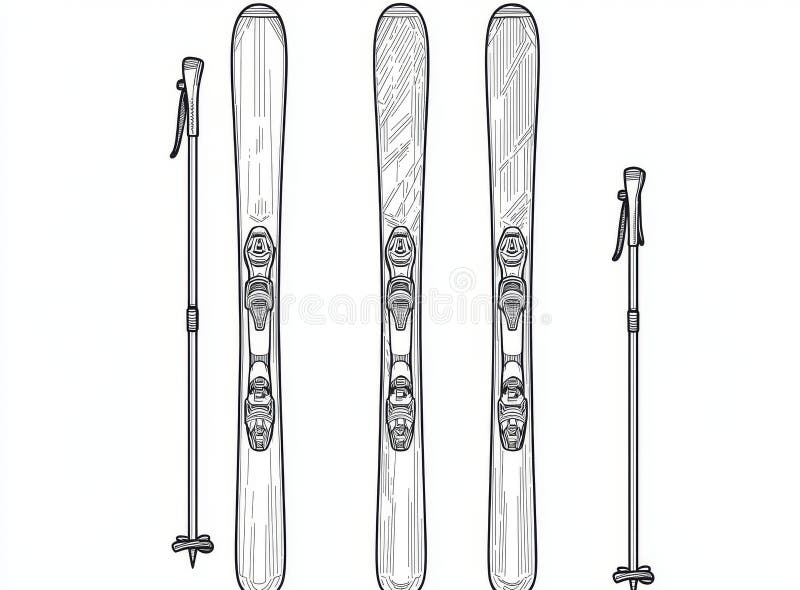 Skis and Ski Poles Drawn with One Continuous Line. Modern Illustration ...