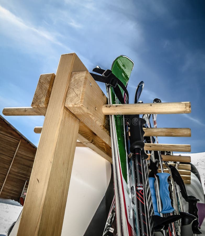 Skis on the Ski Rack on the Mountain Stock Photo - Image of rack, stand ...