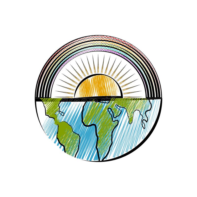 Skizze Einer Halben Erde Mit Einem Regenbogen Und Einer Sonne Vektor ...