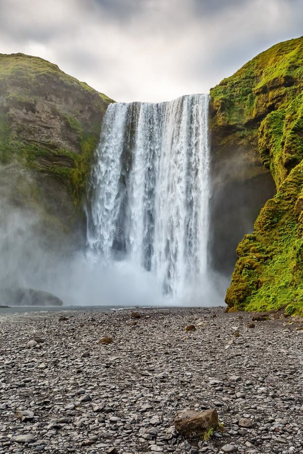 Skogafoss Waterfall of Iceland. Vertical View. Stock Photo - Image of ...