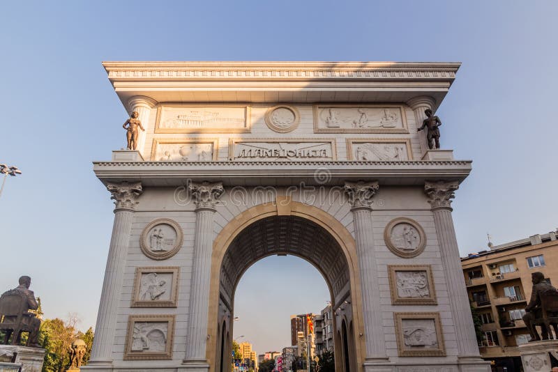 SKOPJE, NORTH MACEDONIA - AUGUST 10, 2019: Macedonia Gate in Skopje ...