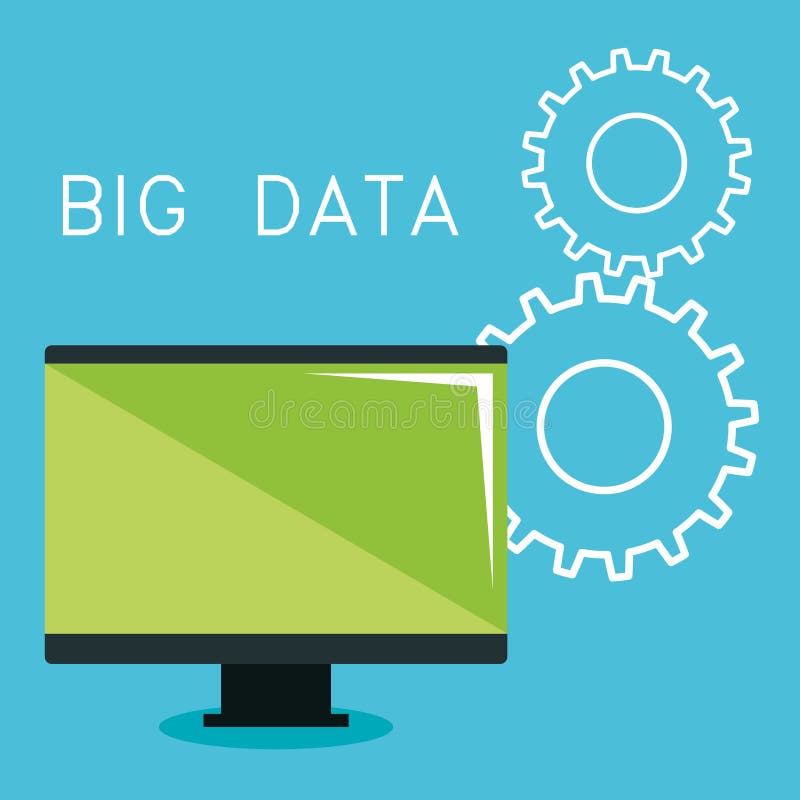 Skrivbords- Dator Med Stora Datasymboler Vektor Illustrationer ...