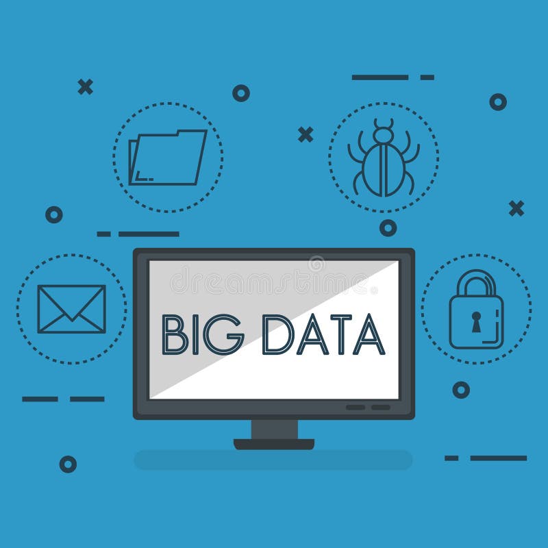 Skrivbords- Dator Med Stora Datasymboler Vektor Illustrationer ...
