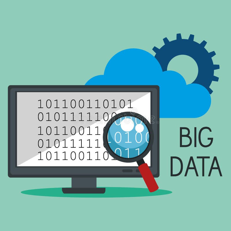 Skrivbords- Dator Med Stora Datasymboler Vektor Illustrationer ...