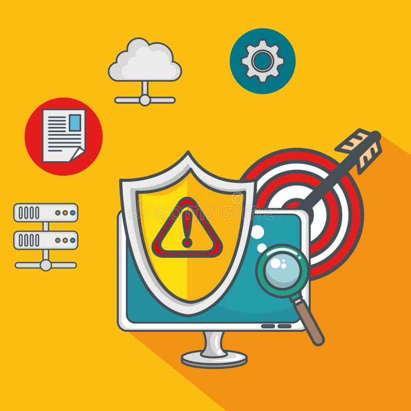 Skrivbords- Dator Med Stora Datasymboler Vektor Illustrationer ...