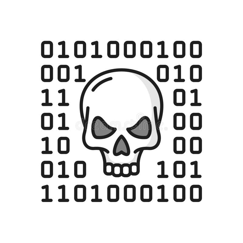 Skull And Binary System Cyber Attack Line Icon Stock Vector