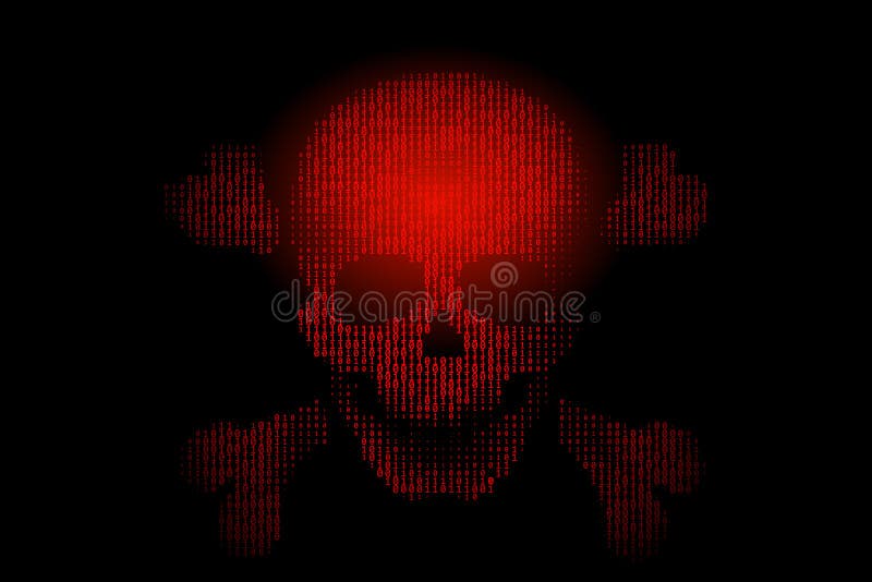 Skull with Bones in Binary Code Stream on Black Background.concept of Hacker Attack, Cyber ...