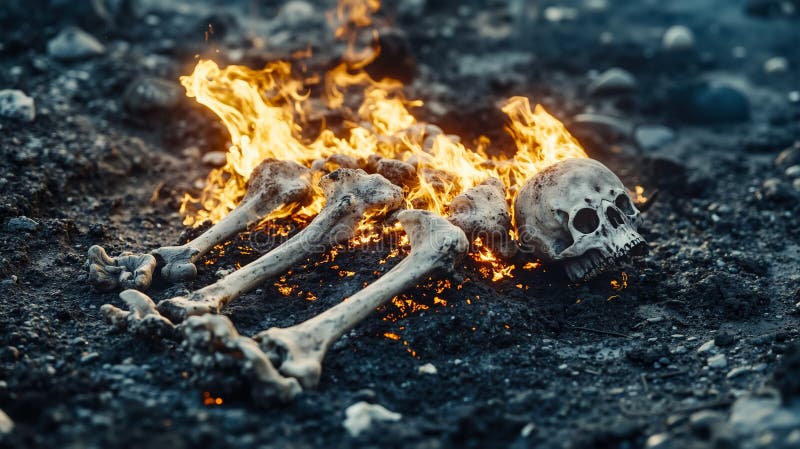 A Skull and Bones on Fire in the Middle of the Ground Stock Photo ...
