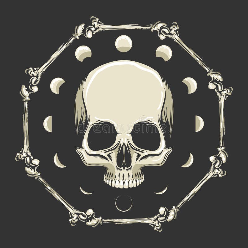 Skull and Bones and Moon Phases Isolated on Black Background Stock ...