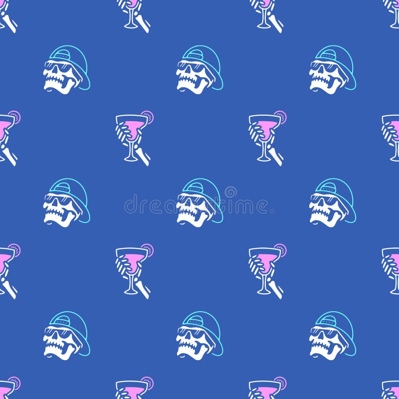 Skull in Cap with Cocktail Color Seamless Pattern Blue Stock Vector ...