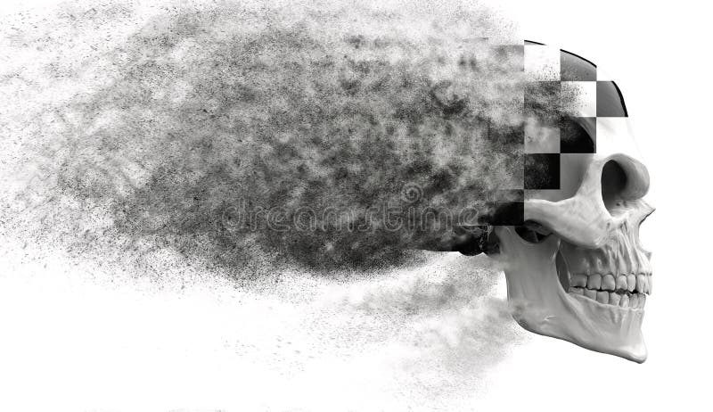 Skull with Checkered Flag on the Cranium Disintegrating into Dust Stock ...