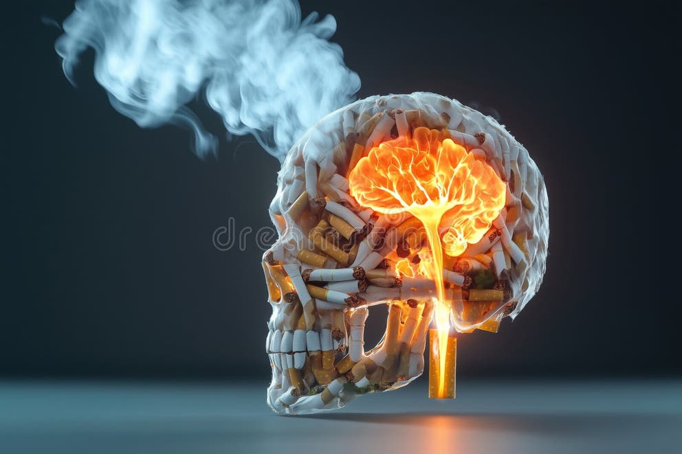 Skull Crafted from Cigarettes with Burning Brain Representing Smoking S ...