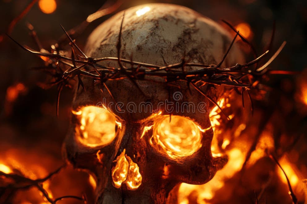 Skull with Crown of Thorns Illuminated by Fire Stock Illustration ...