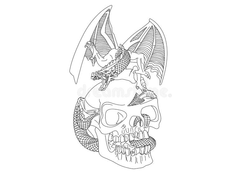 Red Dragon with Skull and Rose - Hand Draw Stock Illustration ...