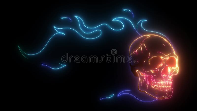 Skull on Fire with Flames Digital Neon Video Stock Footage - Video of ...