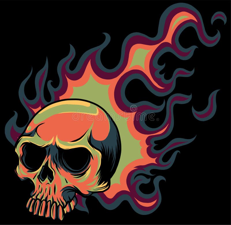 Skull on Fire with Flames Vector Illustration on Black Background Stock ...