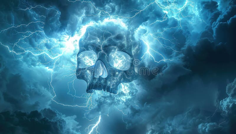 Skull Floating in Storm Clouds with Lightning Striking, a Scary and Dramatic Scene Stock Image ...