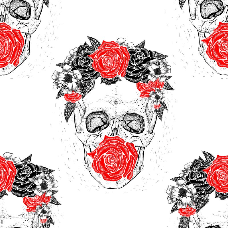 Skull and Flowers. Seamless Pattern Stock Vector - Illustration of ...