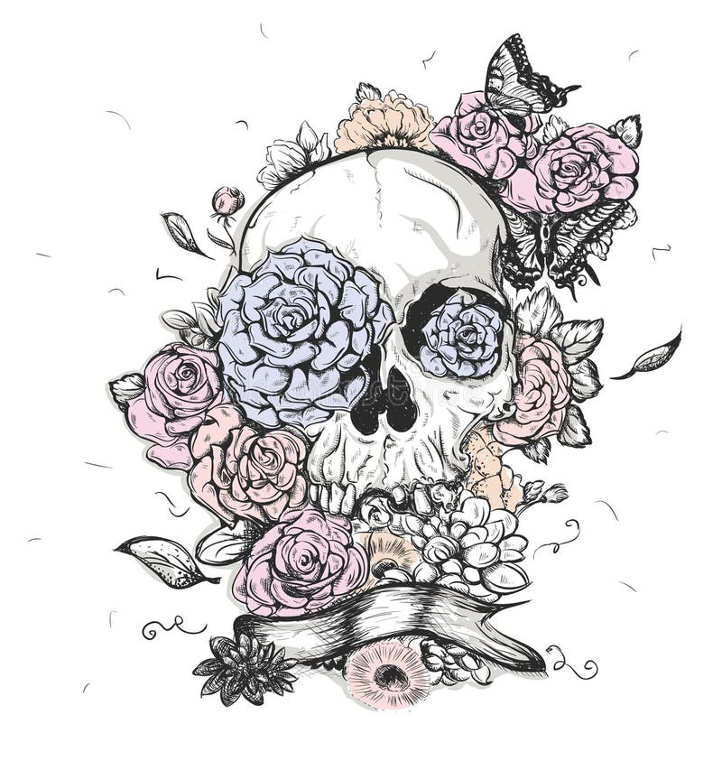 Skull and Flowers Vector Illustration Day of the Dead Stock Vector ...