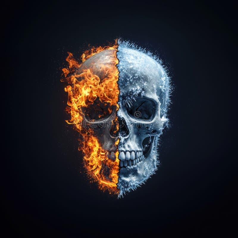 Skull Half on Fire and Half Frozen in Dramatic Contrast Stock ...