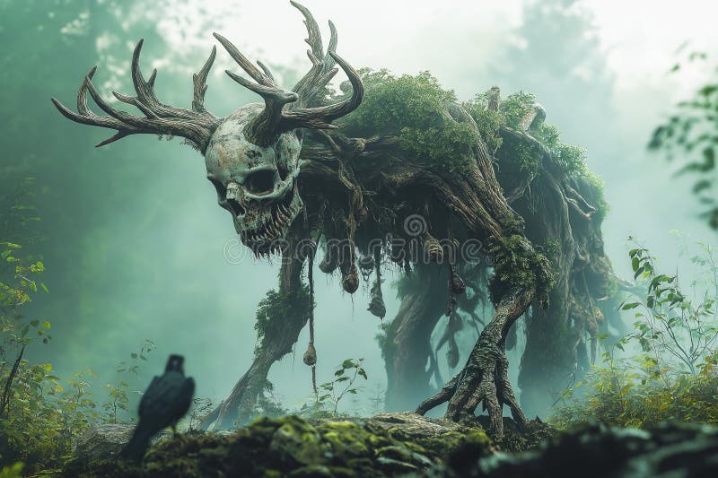 Skull-headed Tree Beast in Mist Stock Illustration - Illustration of ...