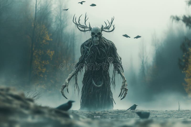 Skull-headed Tree Beast in Mist Stock Illustration - Illustration of ...