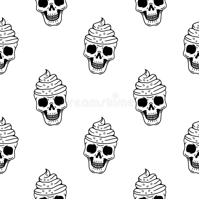 Skull Ice Cream with Cream Seamless Pattern on White Background Stock ...