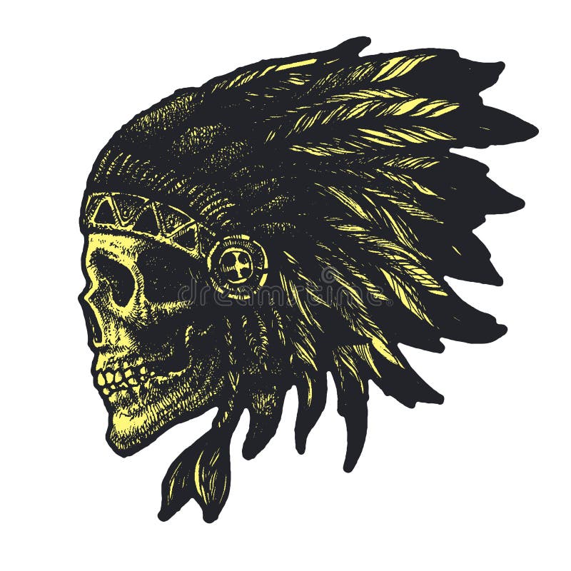 Skull Indian Chief Hand Drawing Style Stock Vector - Illustration of ...